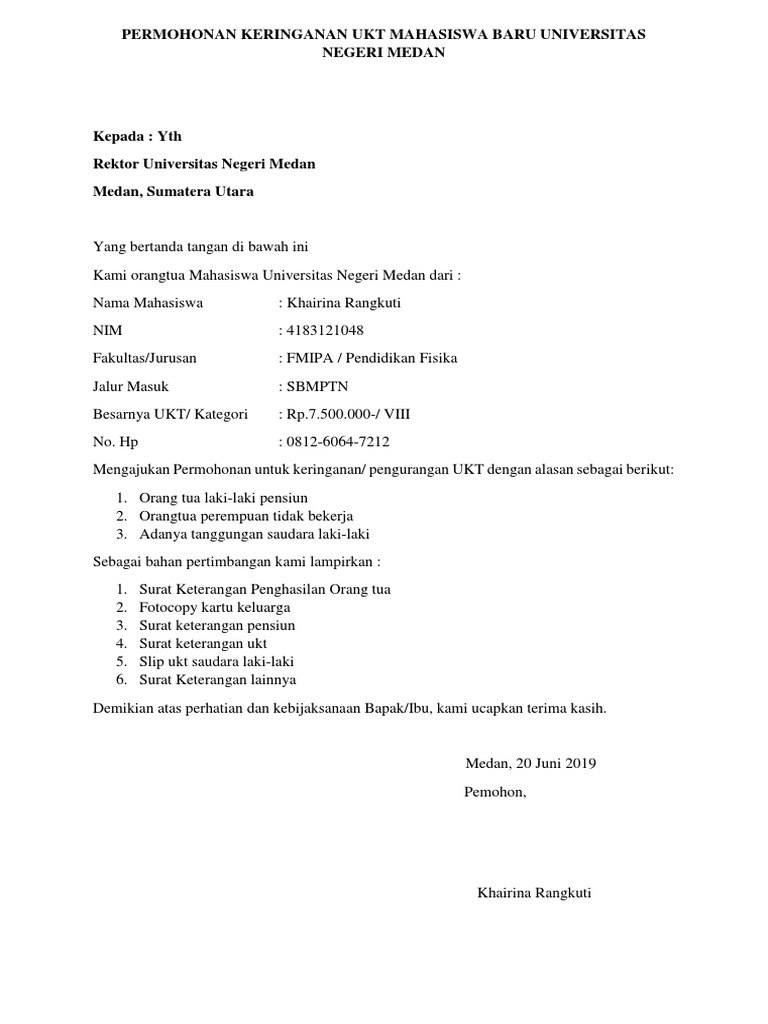 Surat Penurunan Ukt Unimed | PDF