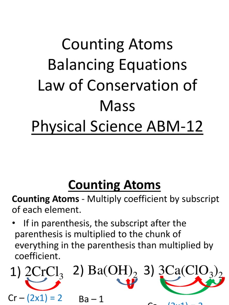 Counting Atoms Balancing Equations Law of Conservation of Mass Physical ...