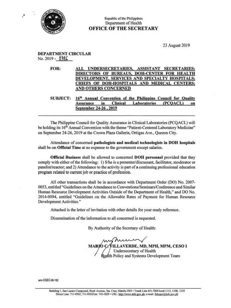 DOH Circular of Official Time For PCQACL 16th Annual Convention | PDF