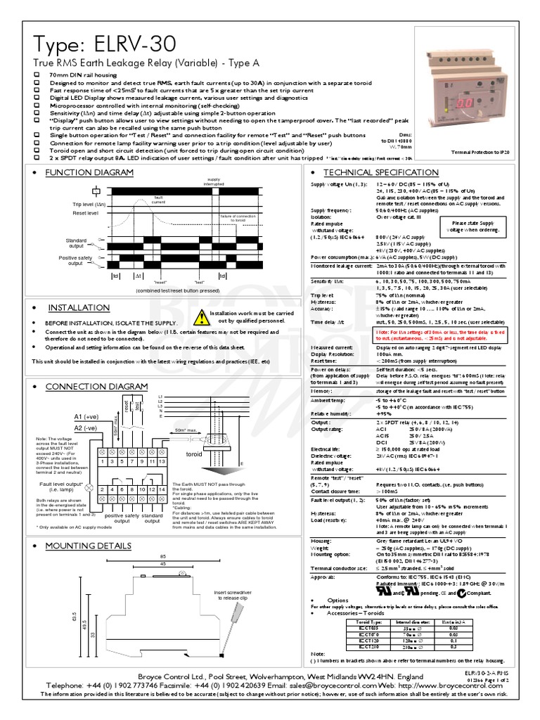 Earth Leakage Relay ELRV30-2-A Manual | PDF | Relay | Alternating Current