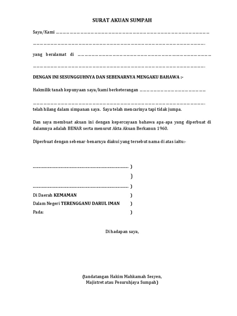 Surat Akuan Sumpah - Geran Tanah Hilang | PDF