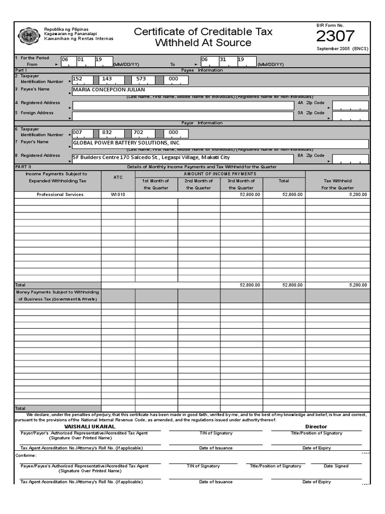 Maria Concepcion Julian 2307 - EWT Computation June2019 | PDF | Withholding Tax | Payments