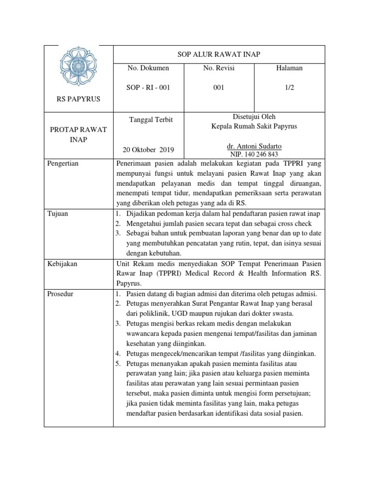 Sop Rawat Inap RS Papyrus | PDF