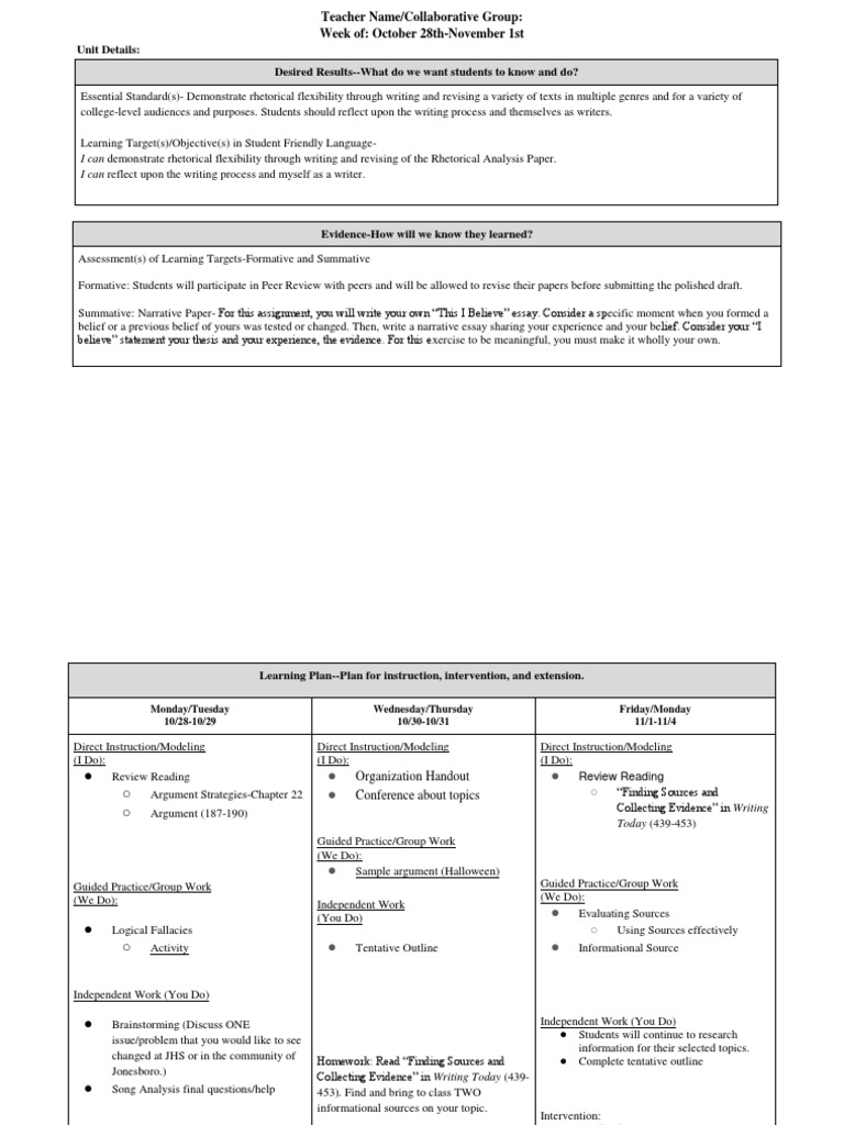 10 28-11 1 Composition I Lesson Plan Secondary Template | PDF | Essays ...