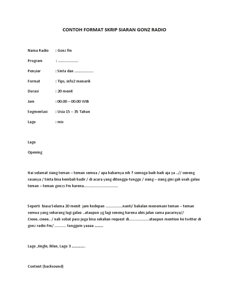 Contoh Format Skrip Siaran Gonz Radio | PDF