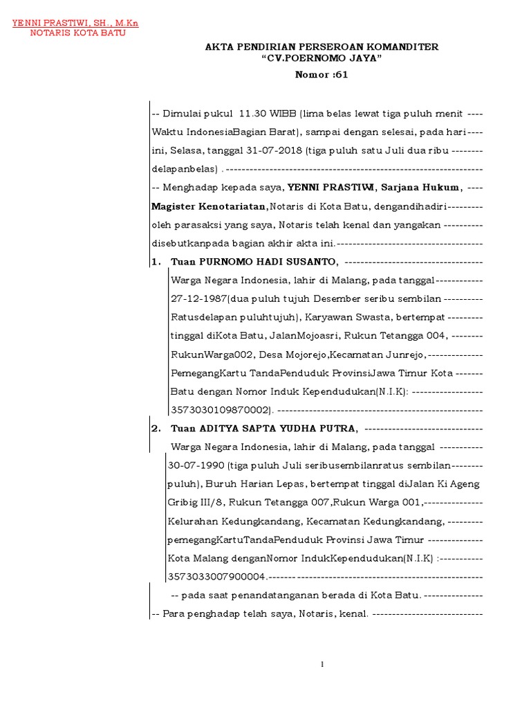 61-Akta Pendirian CV Poernomo Jaya | PDF