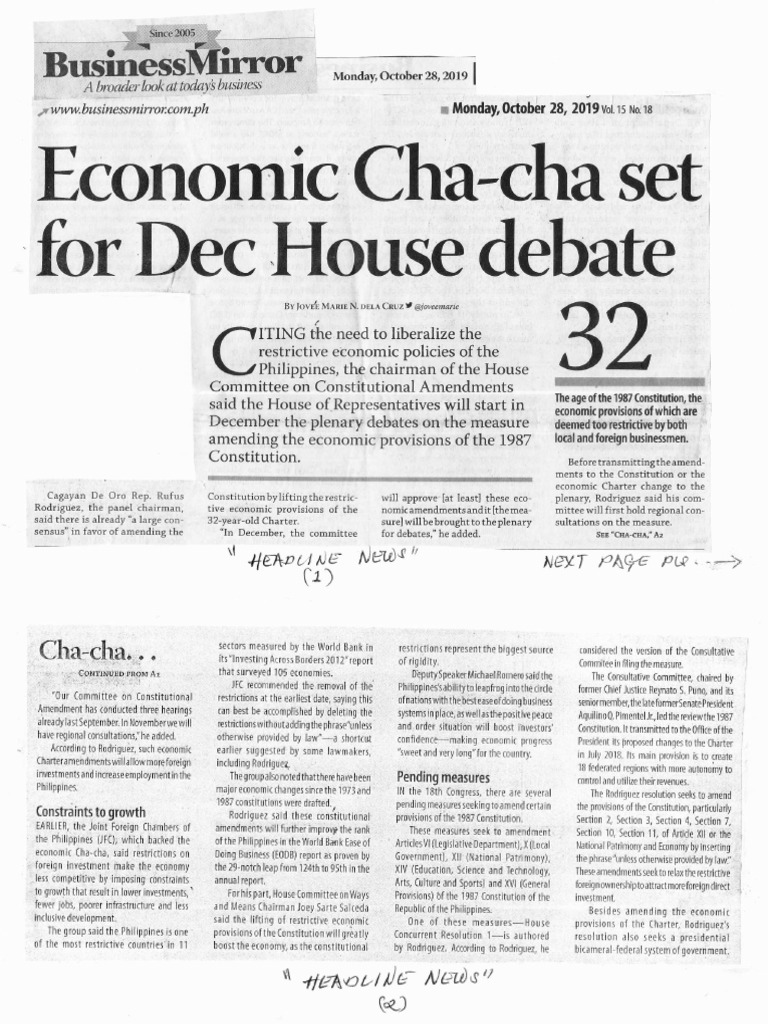 Business Mirror, Oct. 28, 2019, Economic Cha-Cha Set For Dec House ...