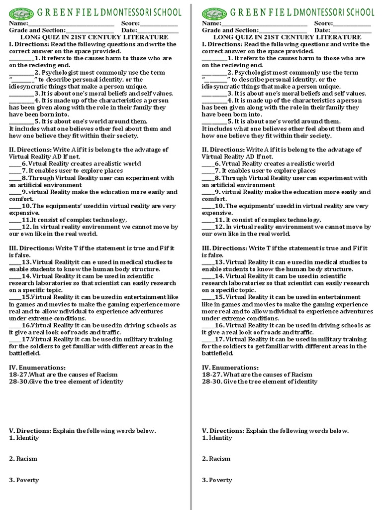 Long Quiz (21st Century) | PDF | Virtual Reality | Reality