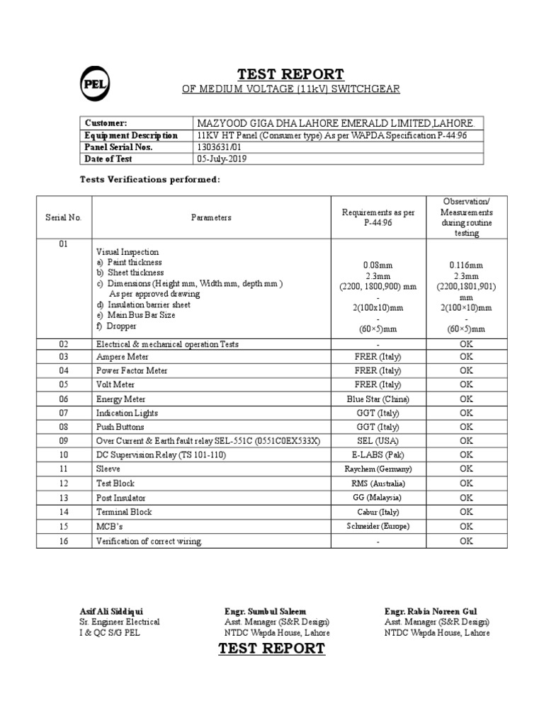 HT Panel Test Report | PDF | Voltage | Relay
