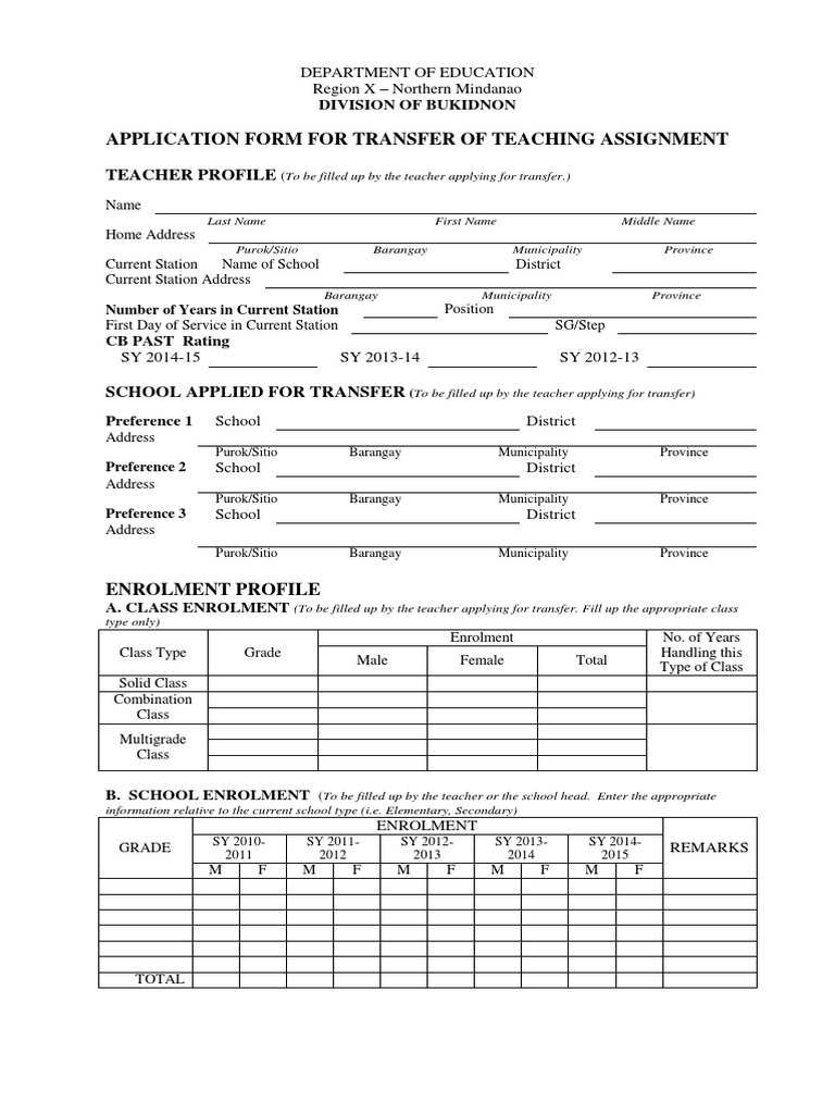 Application Form For Transfer of Teaching Assignment: Teacher Profile ...