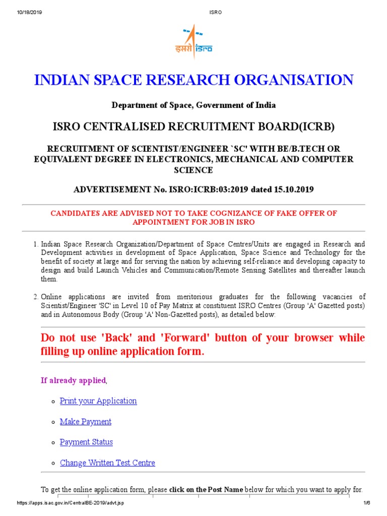 Indian Space Research Organisation: Isro Centralised Recruitment Board ...