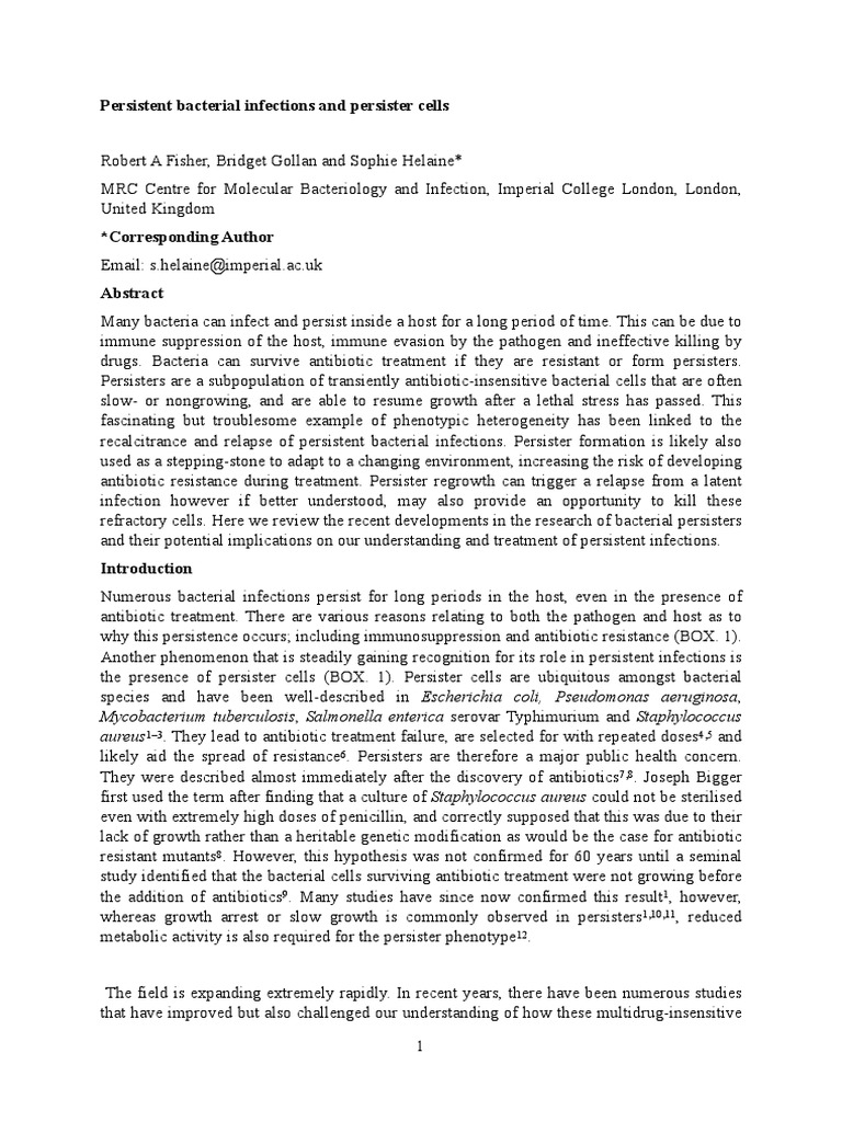 Persistent Bacterial Infections and Persister Cells Accepted Version For Spiral | PDF ...