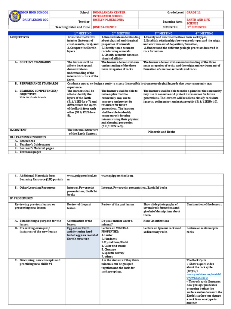 Annex 1A Daily Lesson Log for Earth and Life Science | PDF | Rock ...