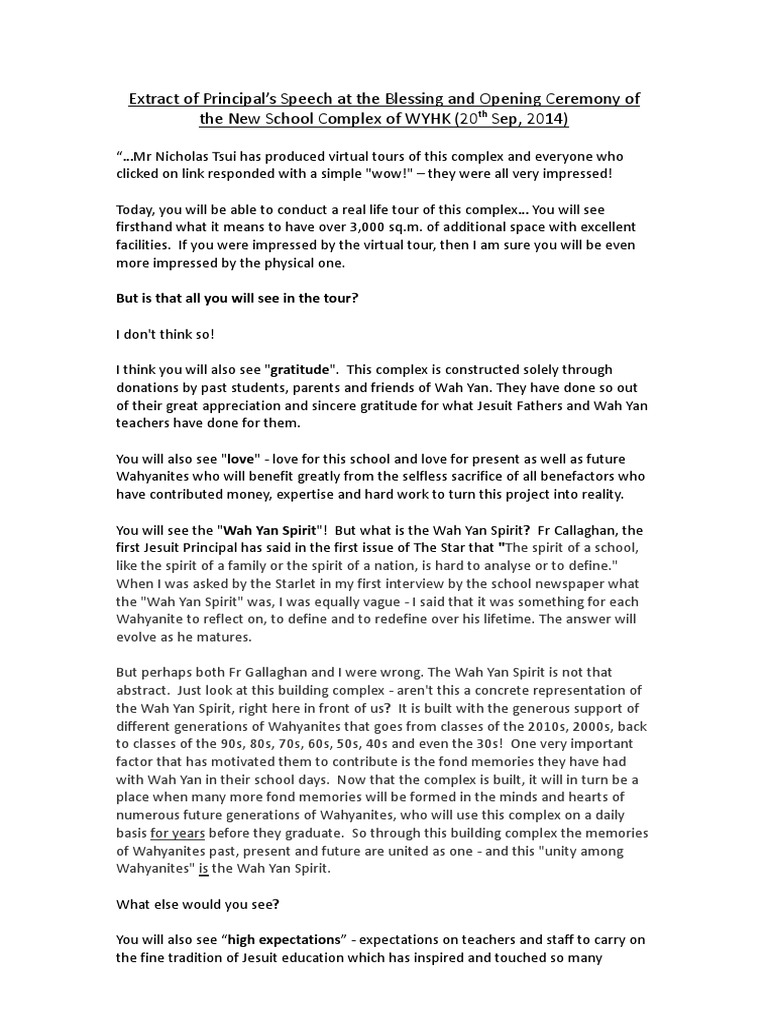 Principal's Speech at School Blessing Ceremony | PDF