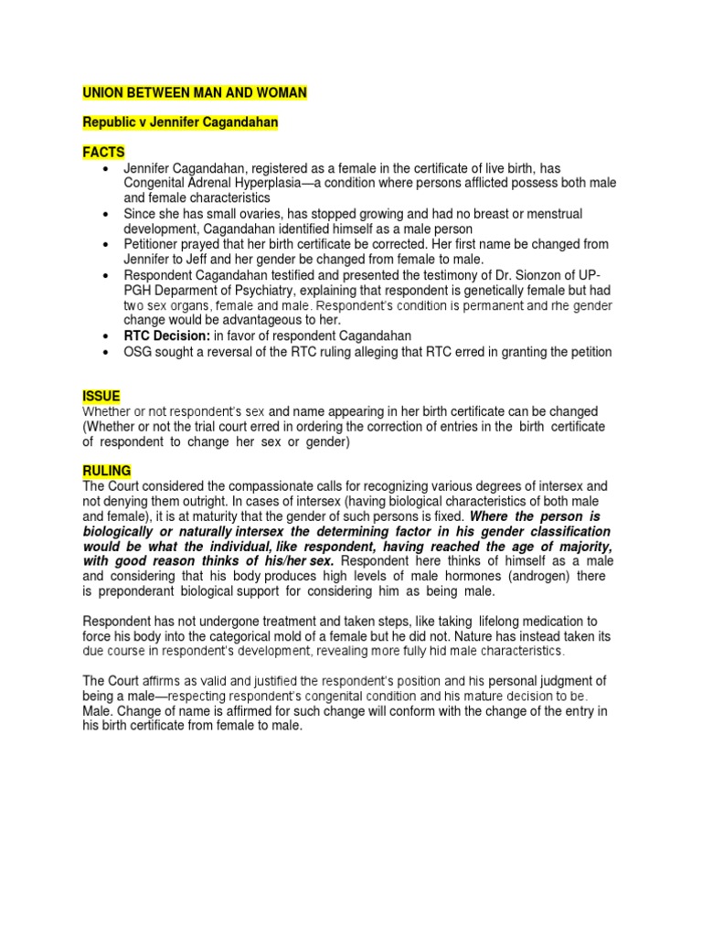 Union Between Man and Woman Republic V Jennifer Cagandahan Facts | PDF ...