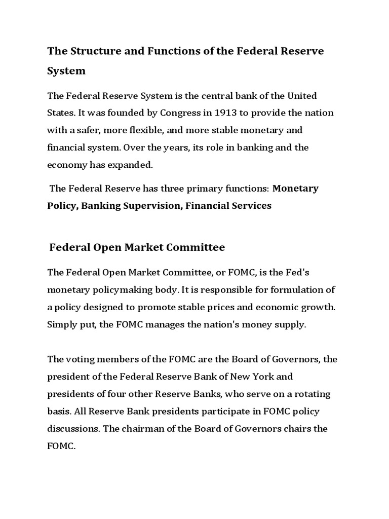 The Structure and Functions of The Federal Reserve System: Policy ...