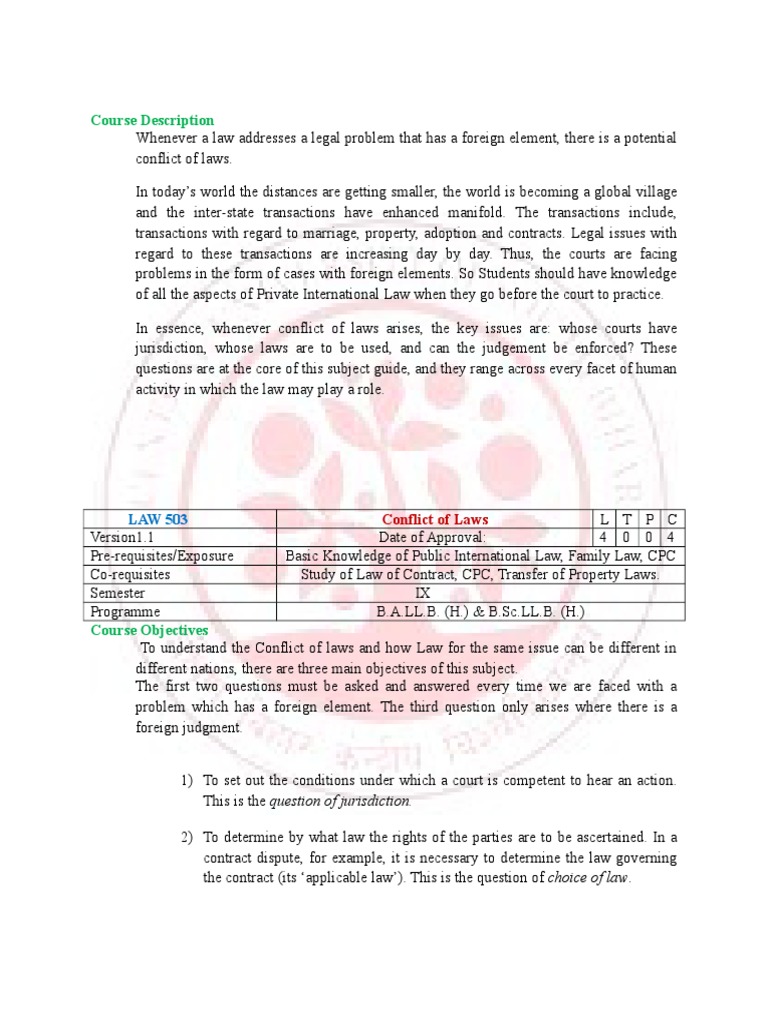 Conflict of Laws | PDF | Choice Of Law | Jurisdiction