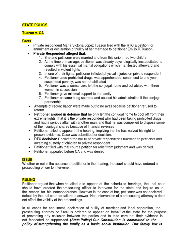 State Policy Tuazon v. CA Facts | PDF | Marriage | Annulment