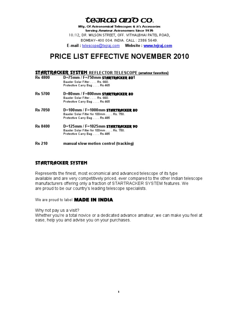 Tejraj Telescope Price List 2010 | PDF | Camera | Lens (Optics)