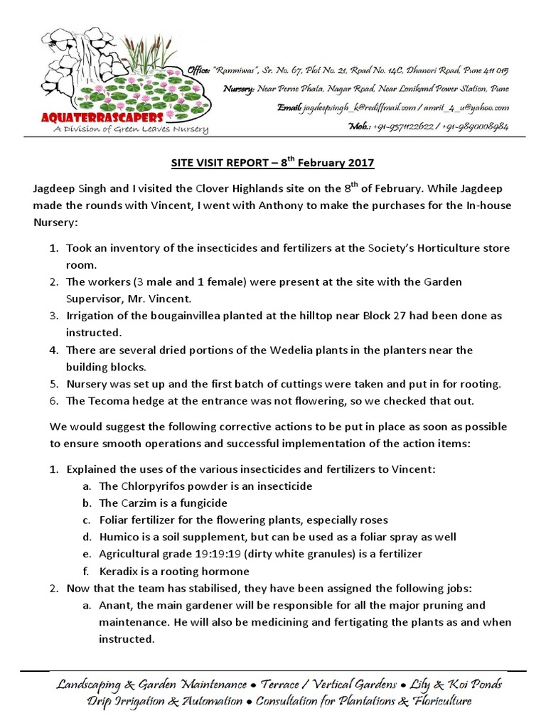 1st Visit Report - Clover Highlands - Feb17 | PDF | Plant Nursery ...
