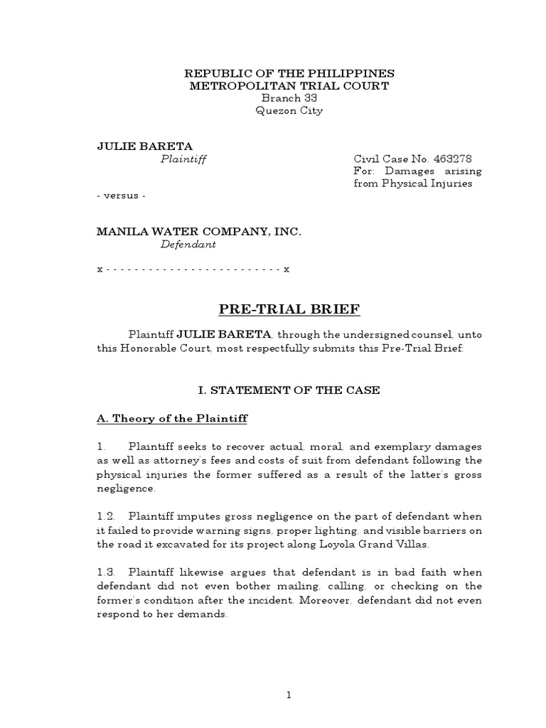 Pre-Trial Brief Sample | PDF | Negligence | Damages