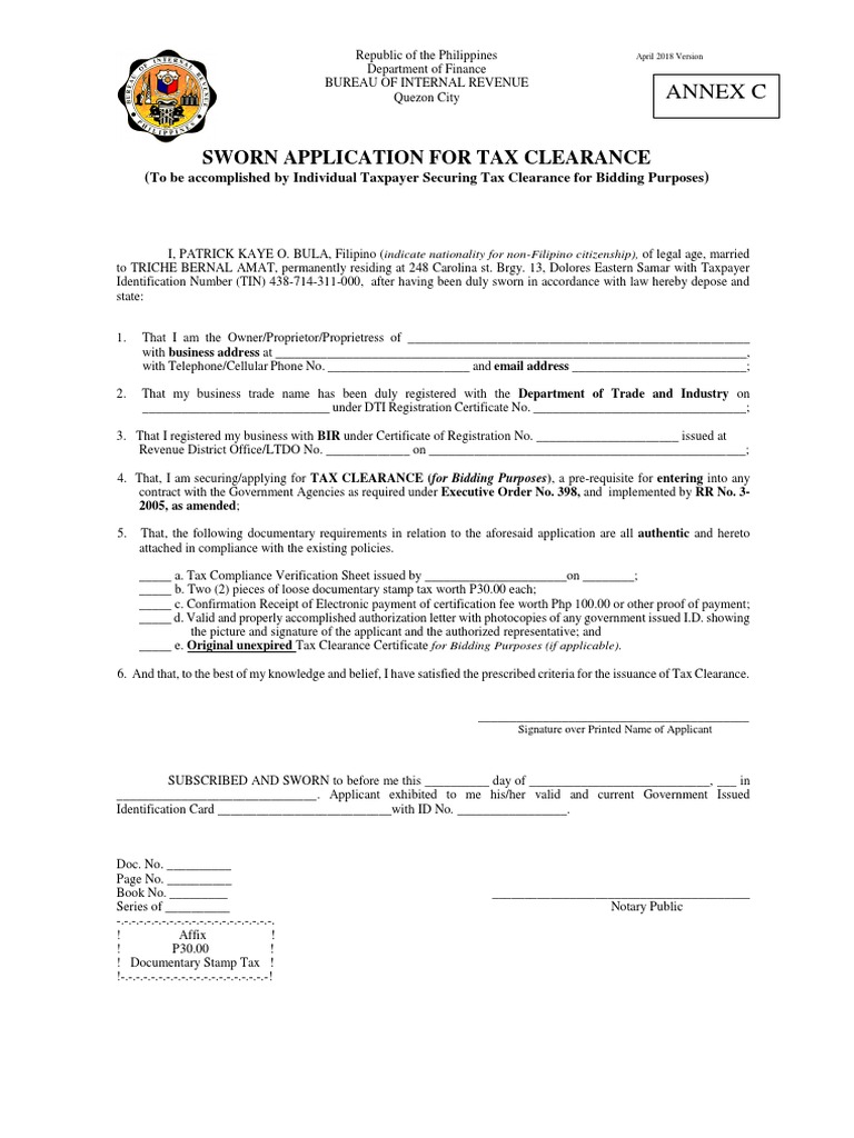 Sworn Application For Tax Clearance: Annex C | PDF | Identity Document ...