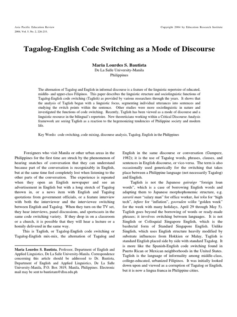Baustista - Tagalog English Code Switching As A Mode of Discourse PDF | PDF | English Language ...