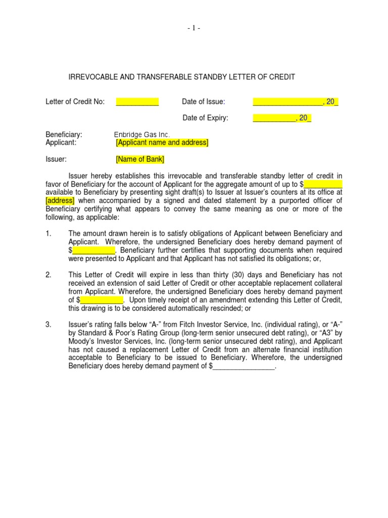 Letter Of Credit Sample