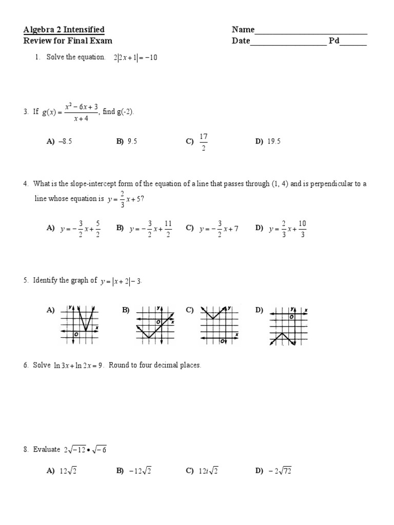 Algebra 2 Intensified Review for Final Exam | PDF | Mathematical ...