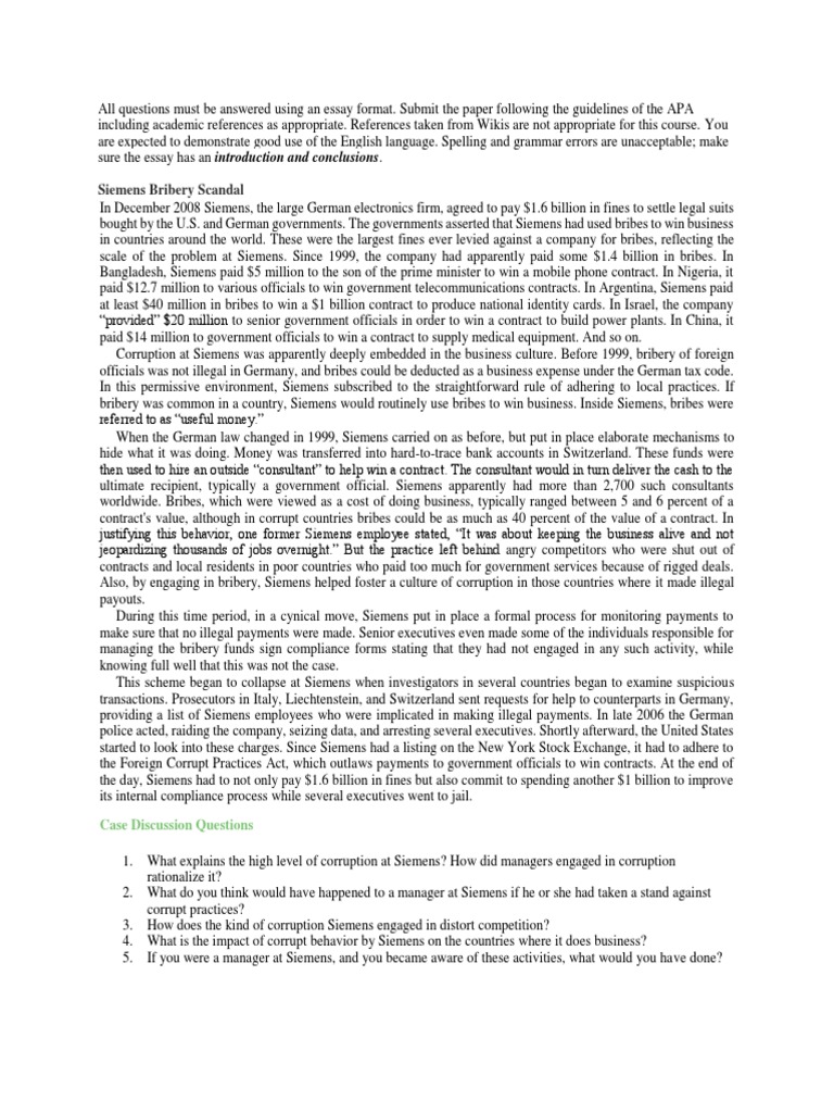 Siemens Bribery Scandal Analysis Essay | PDF | Bribery | Siemens