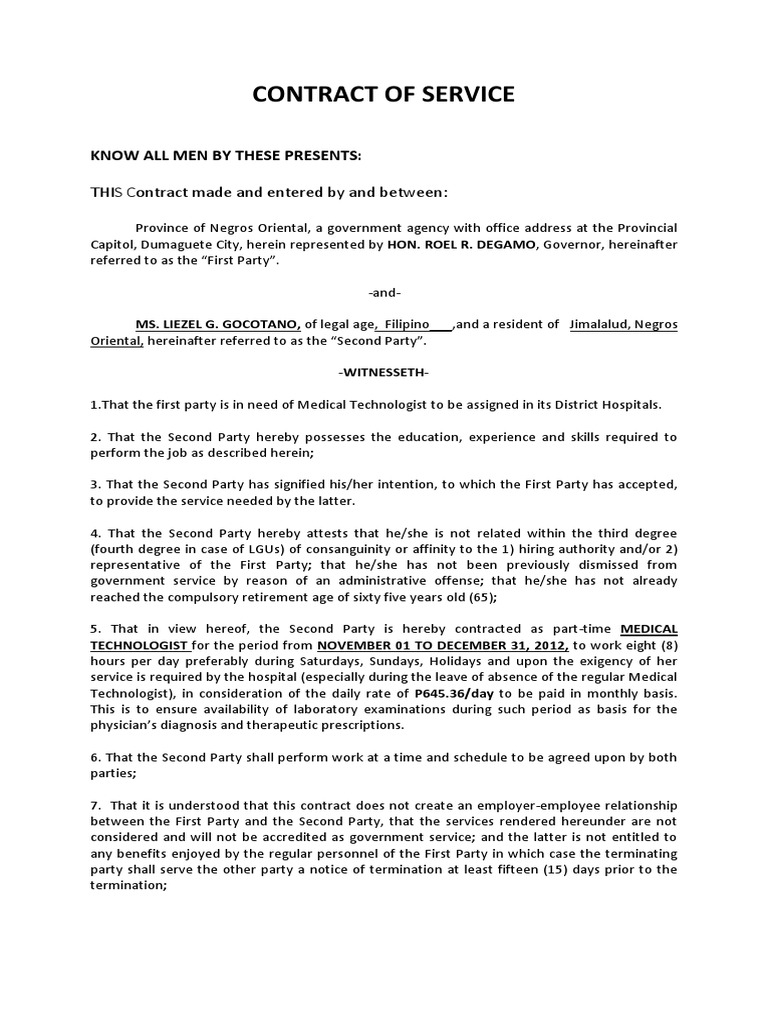 CONTRACT OF SERVICE - Nurse | PDF | Health Care | Government