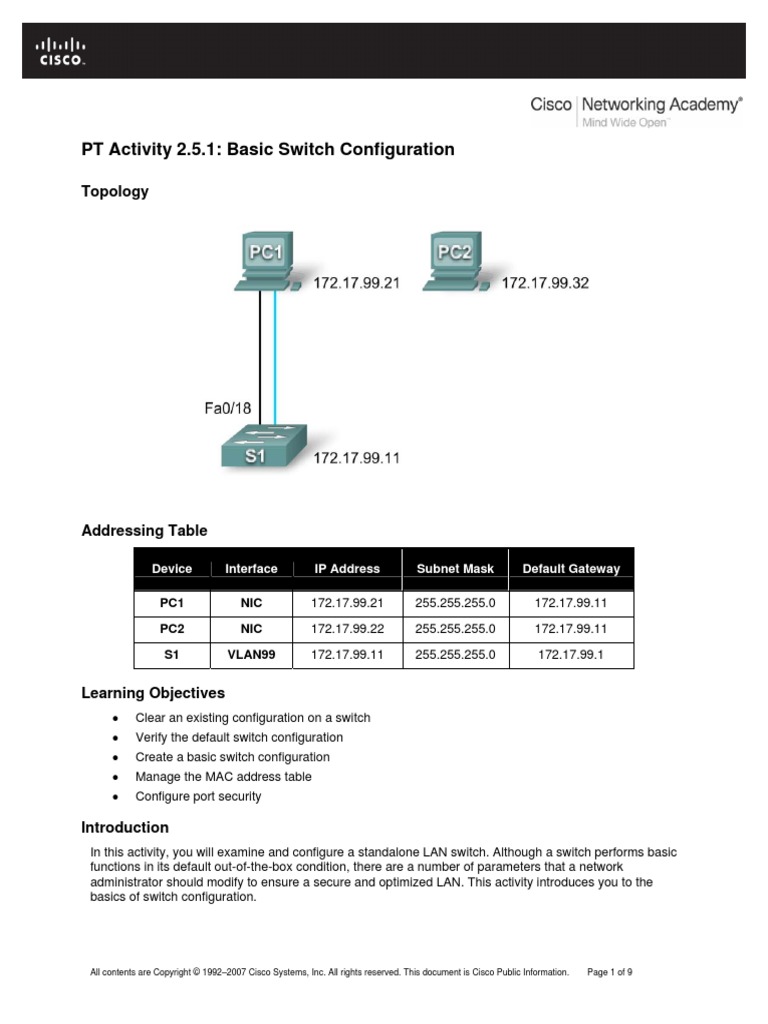 PT Activity 2.5.1: Basic Switch Configuration: Topology | PDF | Network ...