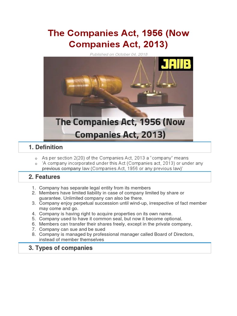 The Companies Act, 1956 (Now Companies Act, 2013) : 1. Definition | PDF ...