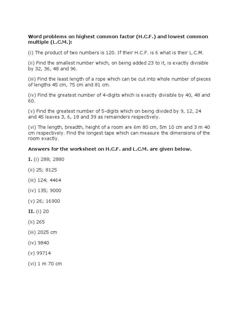 Word Problems on Highest Common Factors and Lowest Common Multiples ...