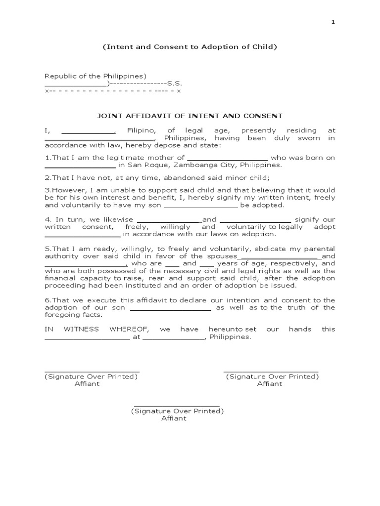 Affidavit of Intent and Consent To Adoption of Child | PDF | Affidavit ...