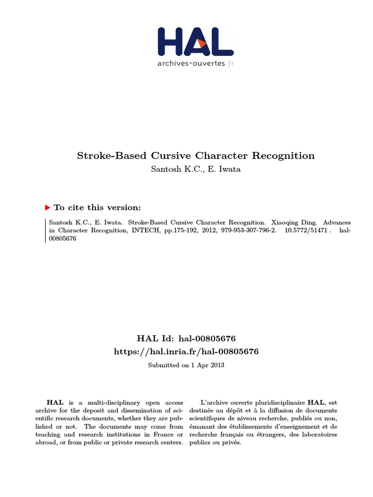 Stroke-Based Cursive Character Recognition: To Cite This Version | PDF | Optical Character ...