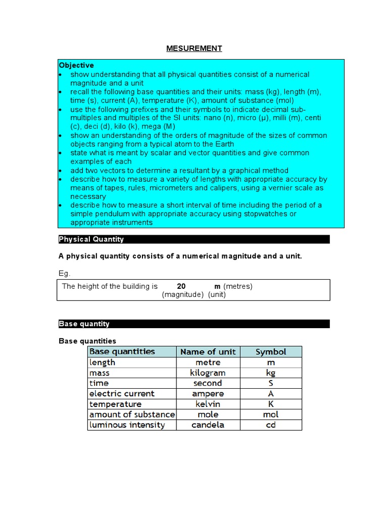 Mesurement Objective: Physical Quantity | PDF | Euclidean Vector | Metre