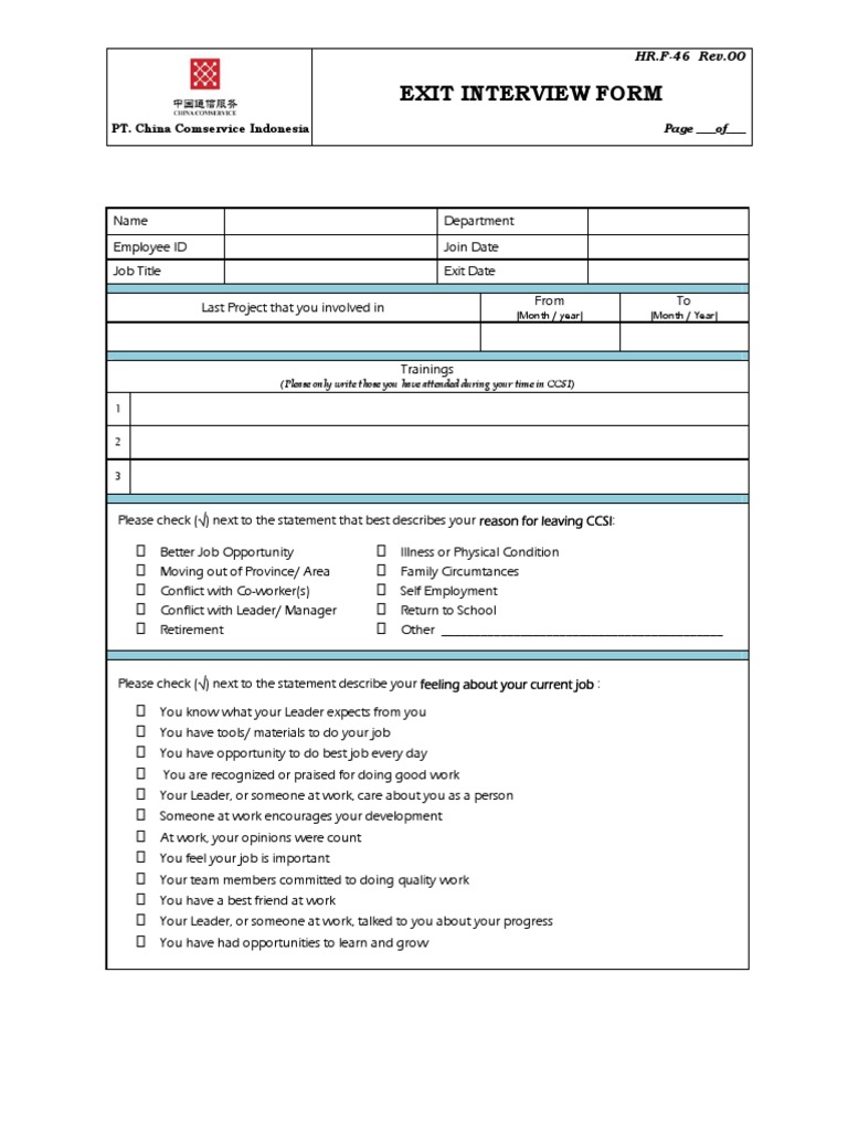 Exit Interview Form: PT. China Comservice Indonesia | PDF | Job ...