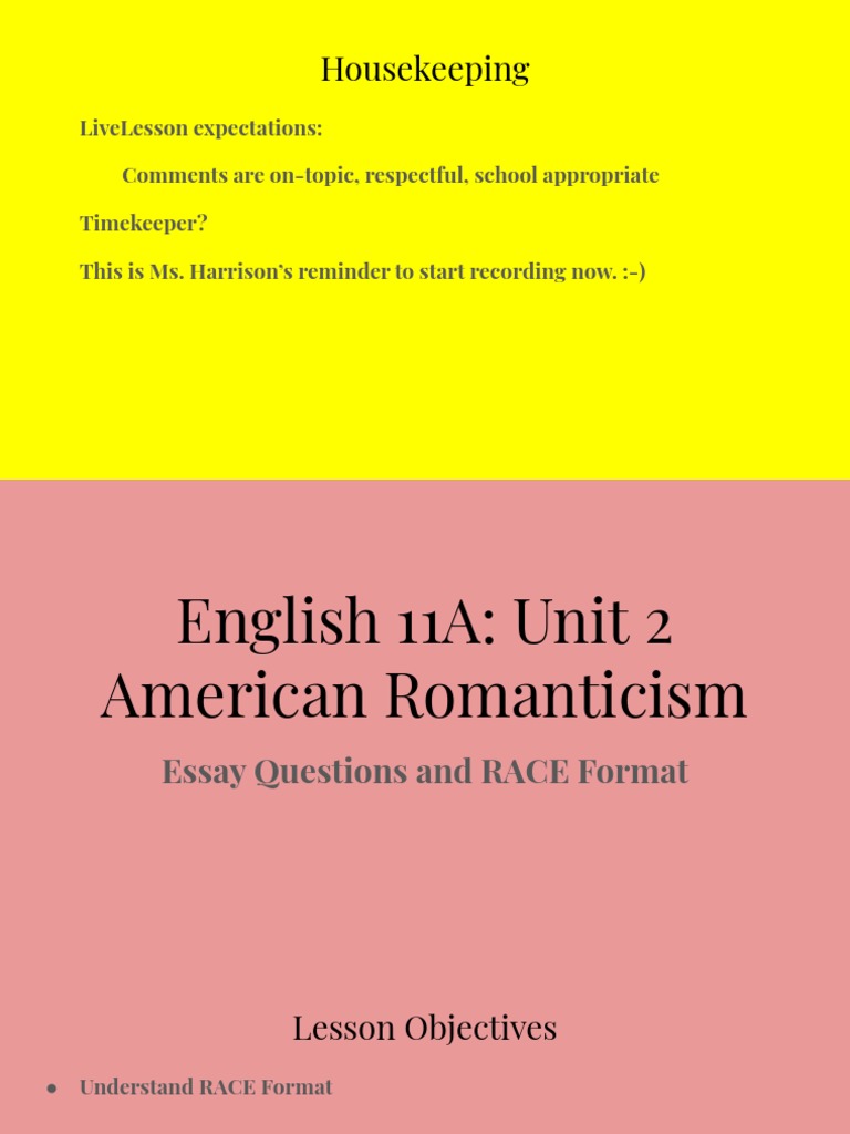 English 11a Unit 2 Test Essay Questions | PDF | Question | Romanticism