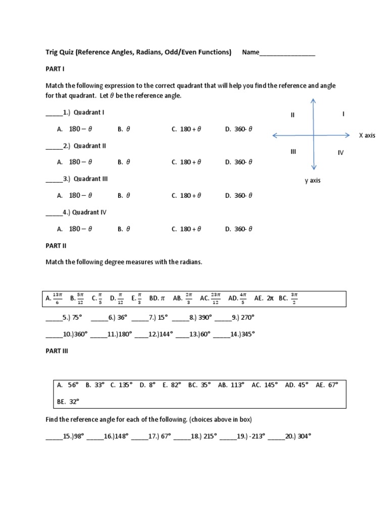 Trigonometry Quiz Reference Angles and More | PDF | Trigonometric ...