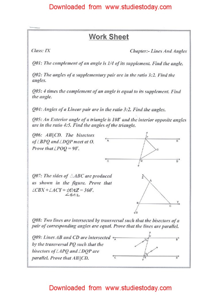 CBSE Class 9 Mathematics Worksheet Lines and Angles | PDF