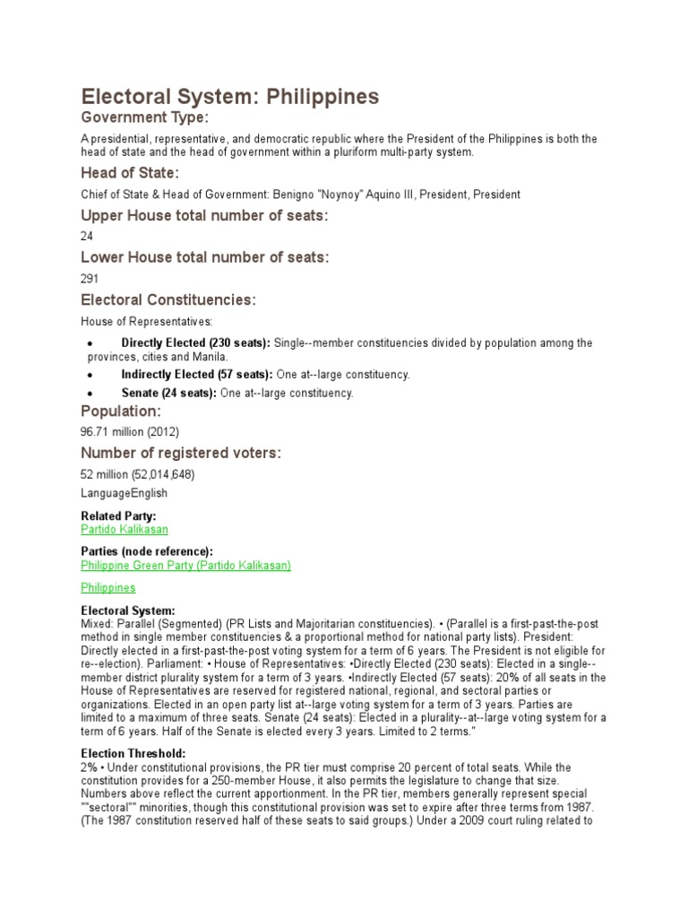 Electoral System: Philippines: Government Type | Download Free PDF ...