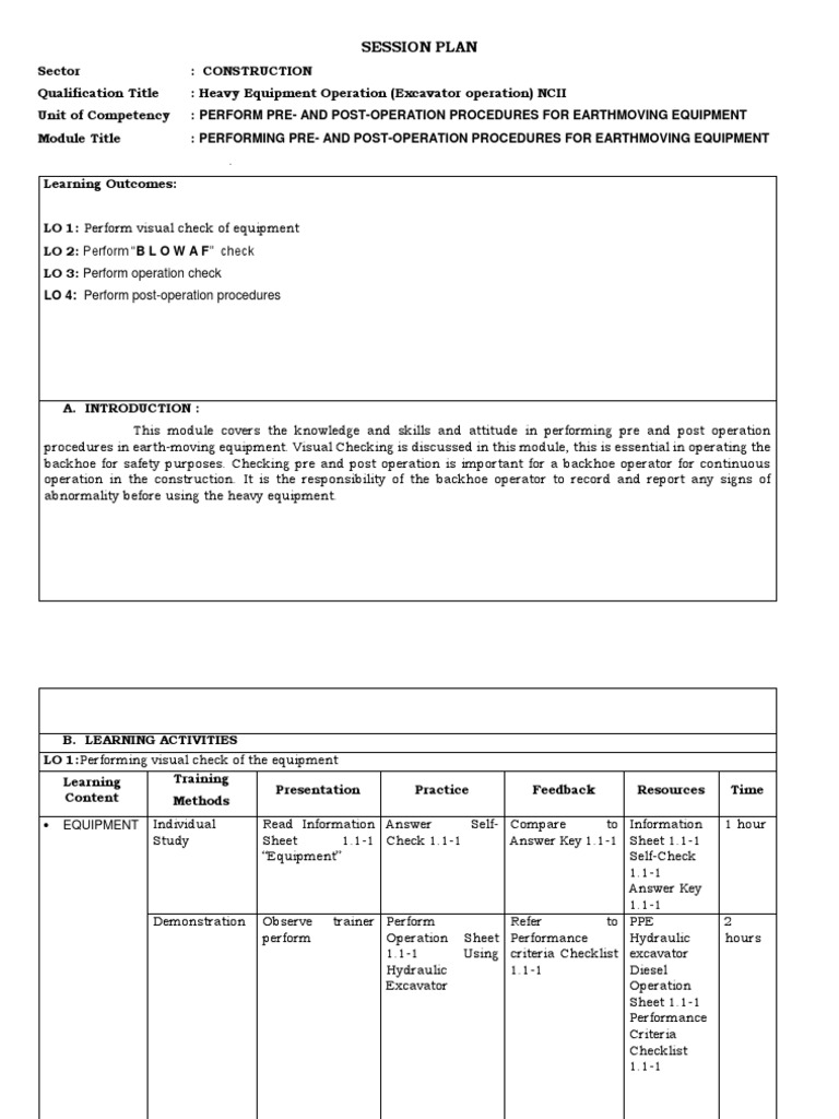 SESSION PLAN Sample | PDF | Heavy Equipment | Learning