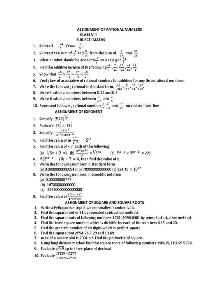 Assignment of Rational Numbers Class Viii (4) - 83114 - dpsbsr312 | PDF ...