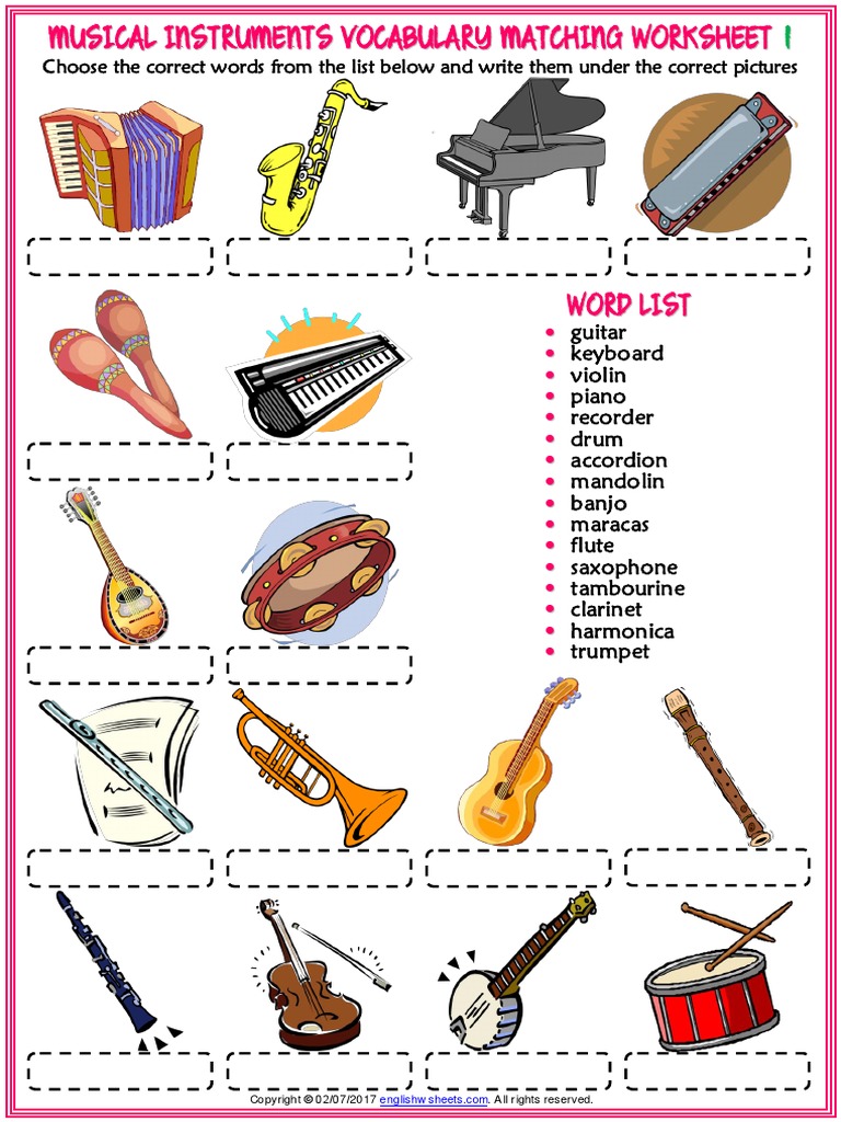 Musical Instruments Vocabulary Esl Matching Exercise Worksheet For Kids ...