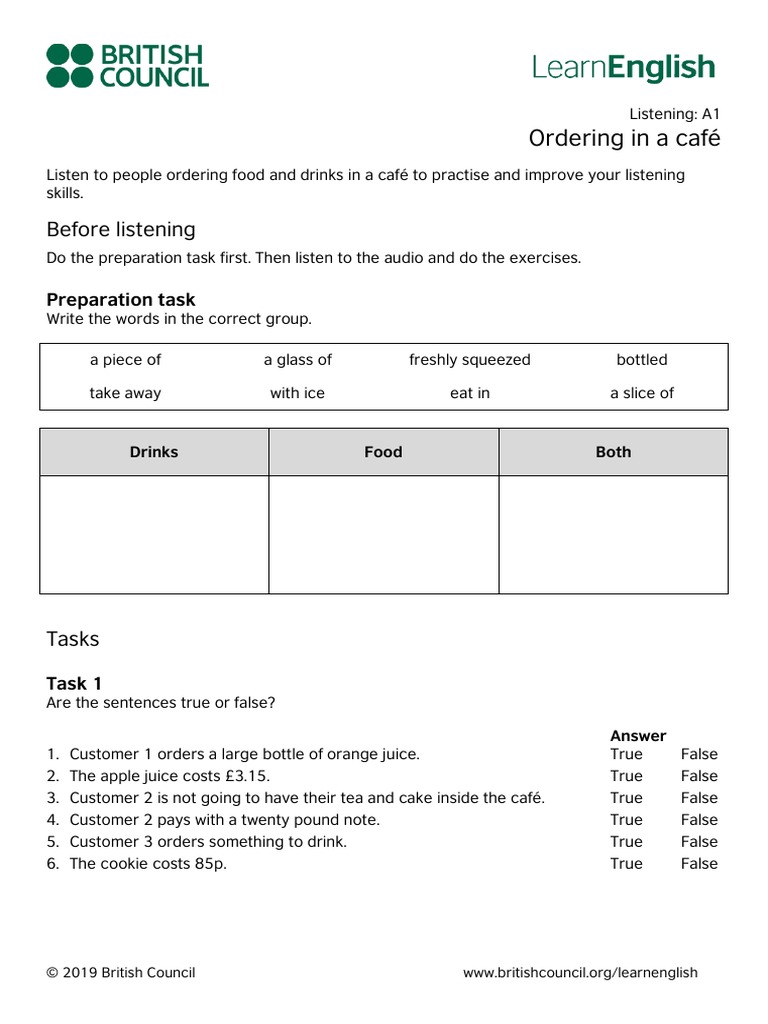 LearnEnglish Listening A1 Ordering in A Cafe PDF | PDF | Drink | Juice