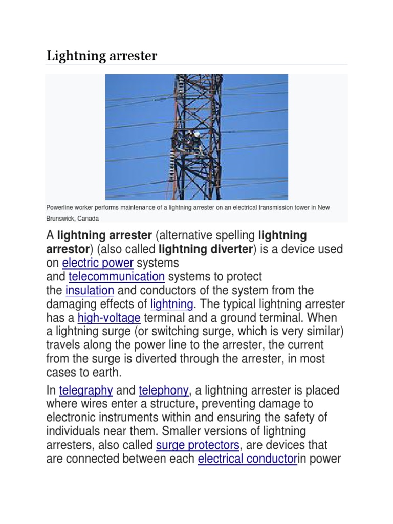Lightning Arrester: Arrestor) (Also Called Lightning Diverter) Is A Device Used | PDF ...