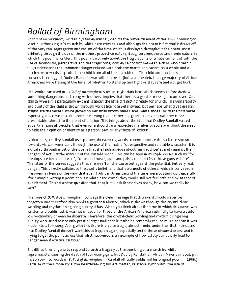 Ballad of Birmingham Analysis Essay | PDF | Poetry