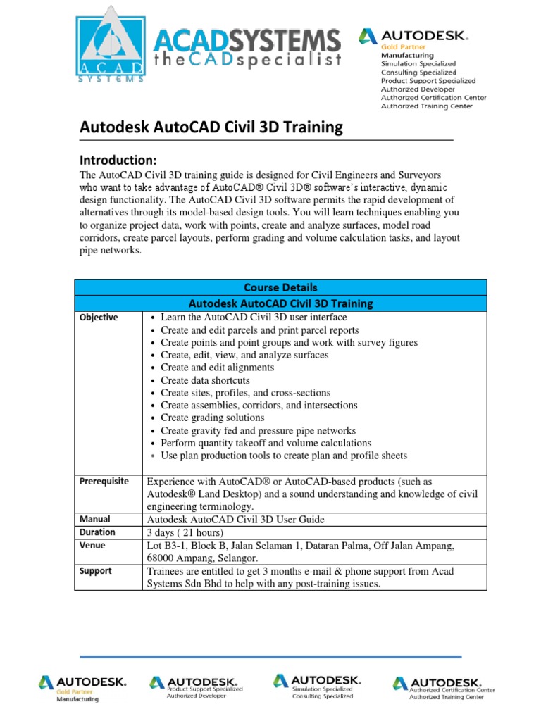 Autodesk AutoCAD Civil 3D Training Syllabus | PDF | Auto Cad | Autodesk