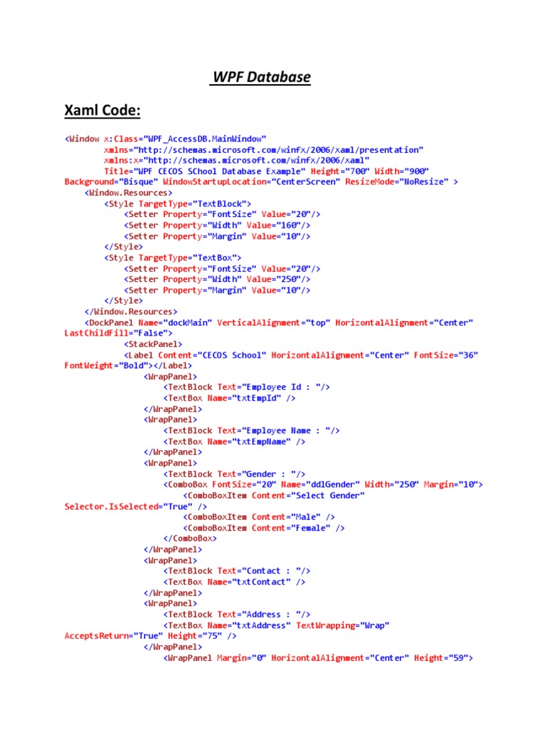 Xaml Code Wpf Database Pdf Extensible Application Markup Language Areas Of Computer Science